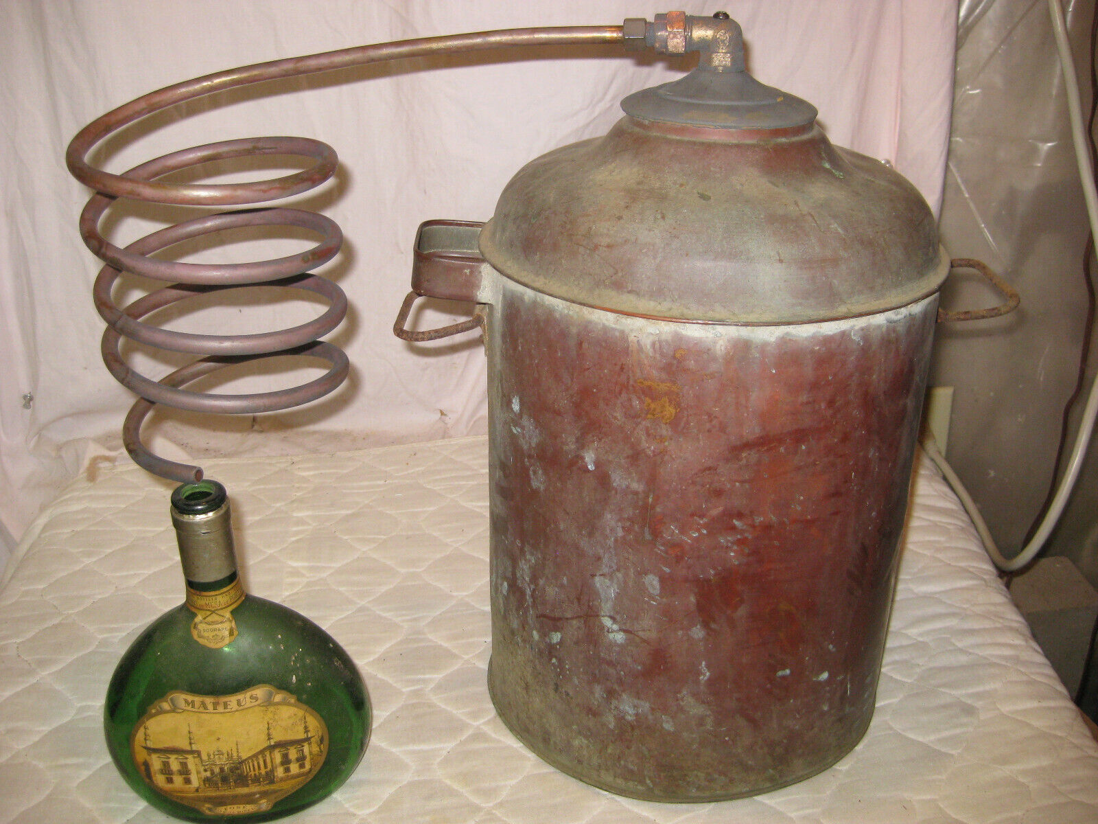 Antique 4-5 Gal Copper Moonshine Still w/Coil +OLD MATEUS Bottle-A MAN ...
