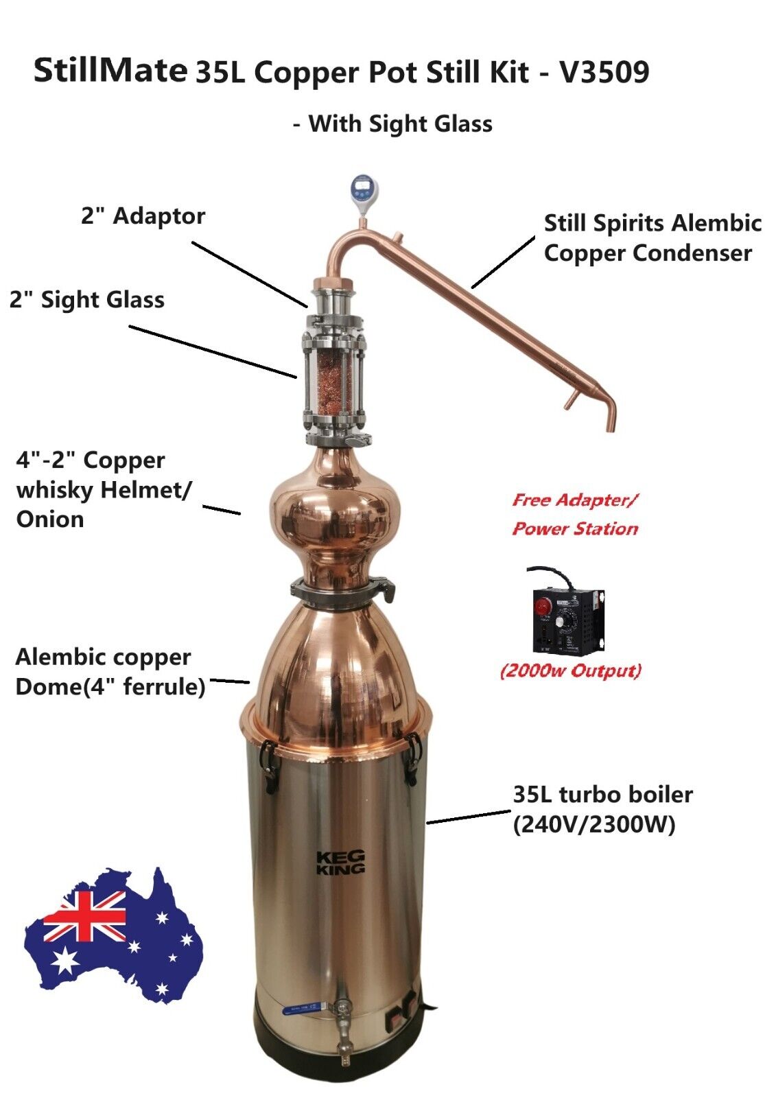 StillMate 35L Copper Pot still Kit V3509 with Copper dome/helmet whisky ...