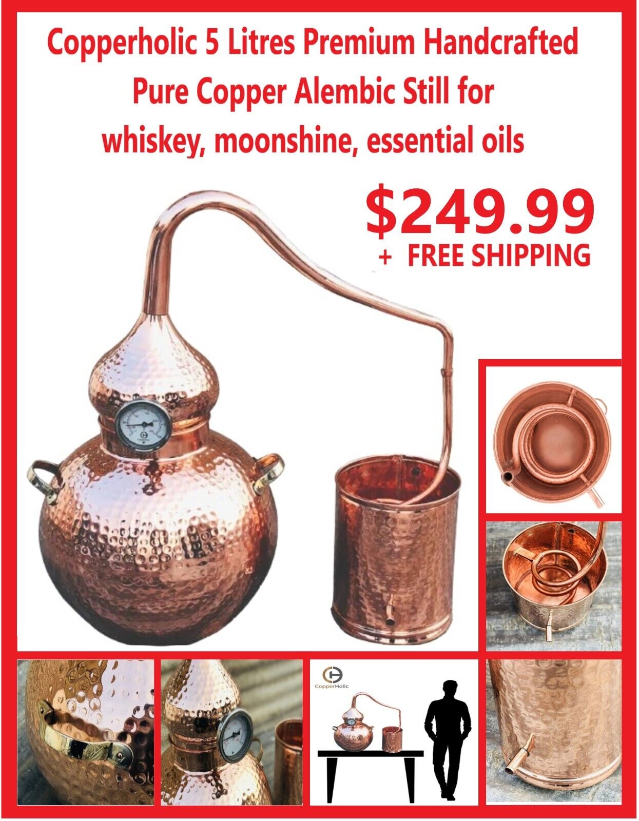 5 Litres COPPERHOLIC Pure Copper Alembic Still for Whiskey, Moonshine ...